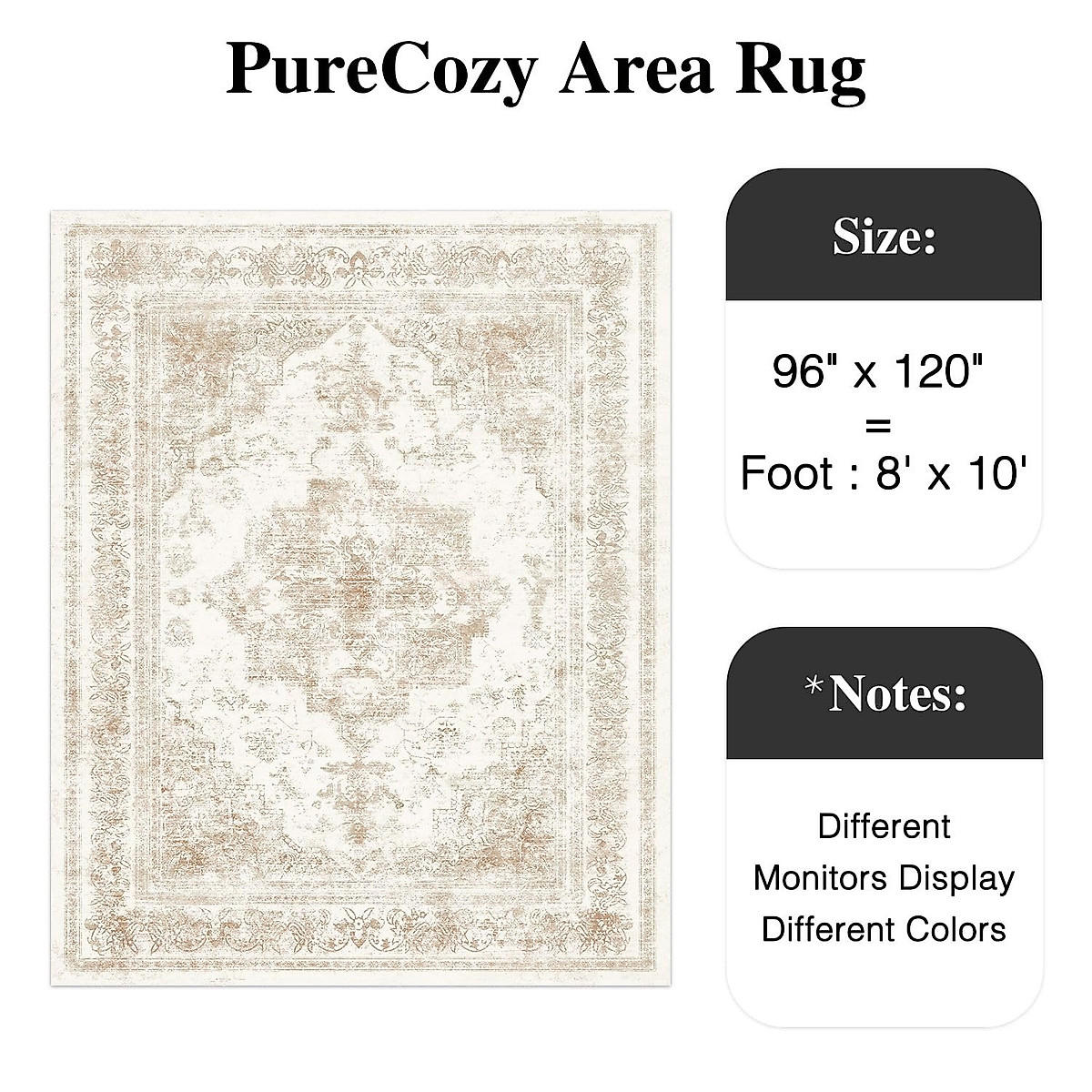 PureCozy Vintage Area Rug 8x10 Indoor Bedroom Rug Beige Medallion Washable Living Room Carpet Retro Accent Throw Rug Distressed Rug for Office Dining Room Nursery