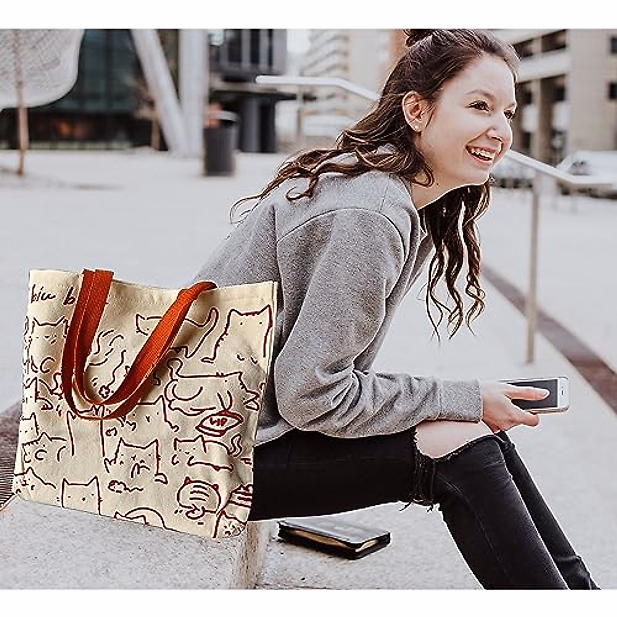 Komociya Cute Cat Canvas Tote Bag Aesthetic with Zipper for Women, Reusable Canvas Tote Bag for Grocery Shopping