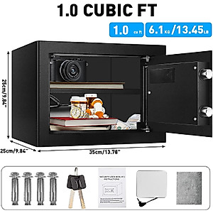 TOTOY 1.0 Cu Ft Personal Safe Box with Sensor Light -Electronic Keypad Security Safe Steel Construction Hidden Key Lock, Removable Shelf, Digital Safe for Jewelry Documents Pistol Money