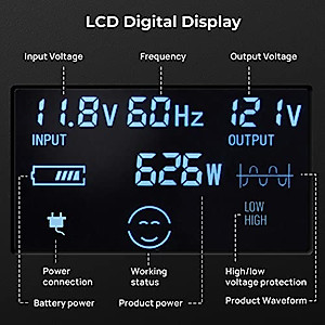 BougeRV Pure Sine Wave Inverter 2000W Convert DC 12V to AC 120V, with LCD Digital Displayer, Wired Remote Controller, for Off-Grid Solar Power System, RV, Home Backup Power