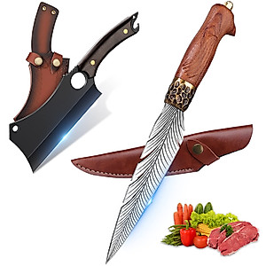Feather Viking Knife Dragon Viking Cleaver Knife Set Japanese Forged in Fire Boning Knife High Carbon Steel Kitchen Cleaver with Sheath for Outdoor Camping BBQ Collection Christmas Gift Men