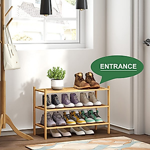 kiplant 3-Tier Shoe Rack for Entryway, Bamboo Wood Shoe Rack, Free Standing Shoe Racks for Indoor & Outdoor, Stackable Shoe Organizer for Closet