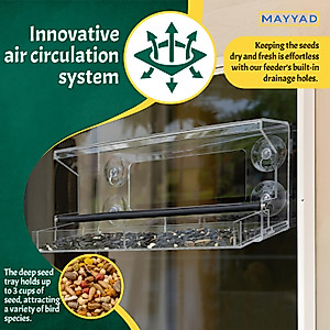 MAYYAD Large Window Bird Feeders for Viewing – Four Strong Suction Cup Bird Feeder Window for Outside - Drainage Holes, Detachable Large Seed Tray, and Rubber Perch for Wild Birds