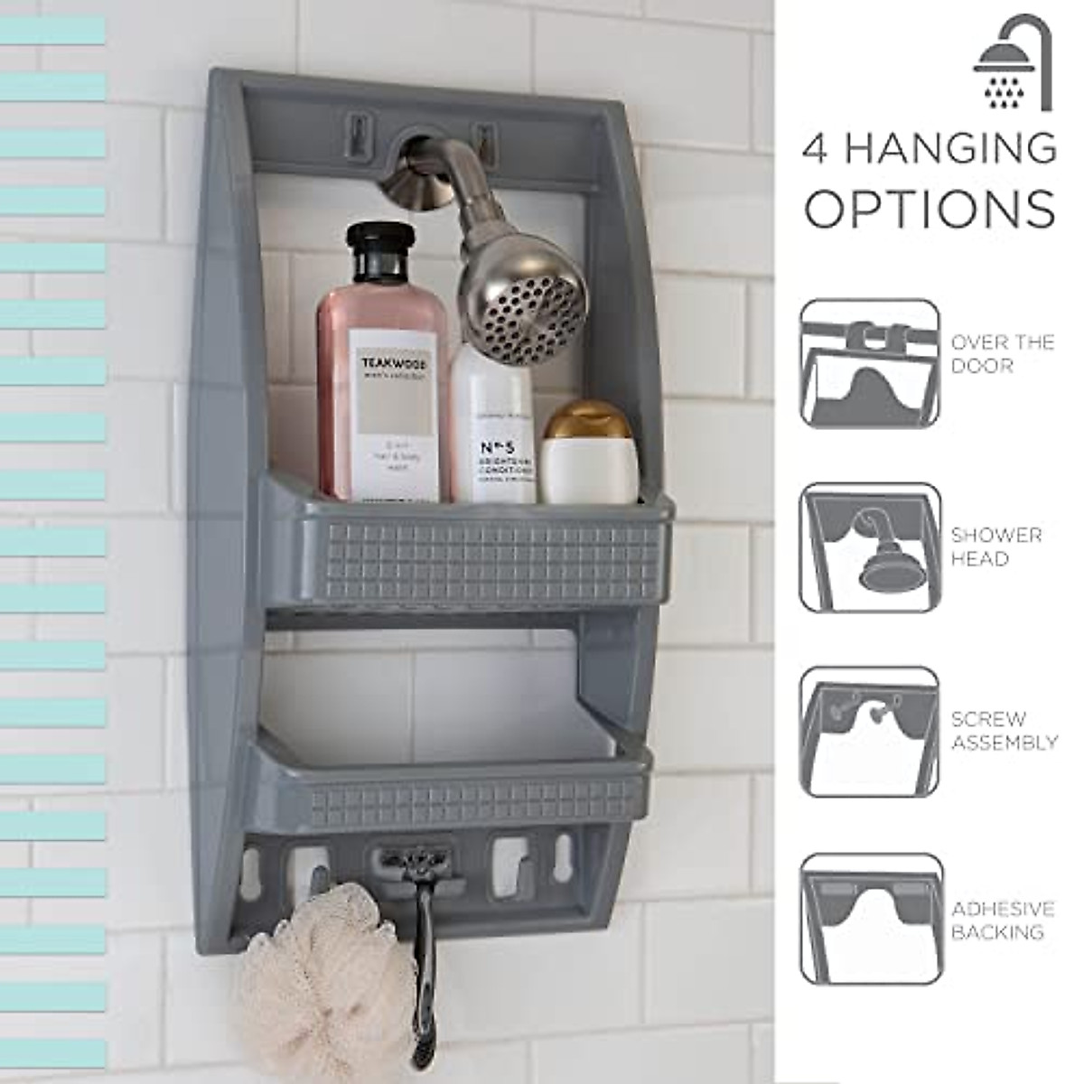 Bath Bliss Multi Hanging Option Shower Caddy | Over the Showerhead | Adhesive Backing | Screw Mount | Organizer | Large Shampoo & Conditioner Bottle Holders | Razor & Loofah Hooks | Grey
