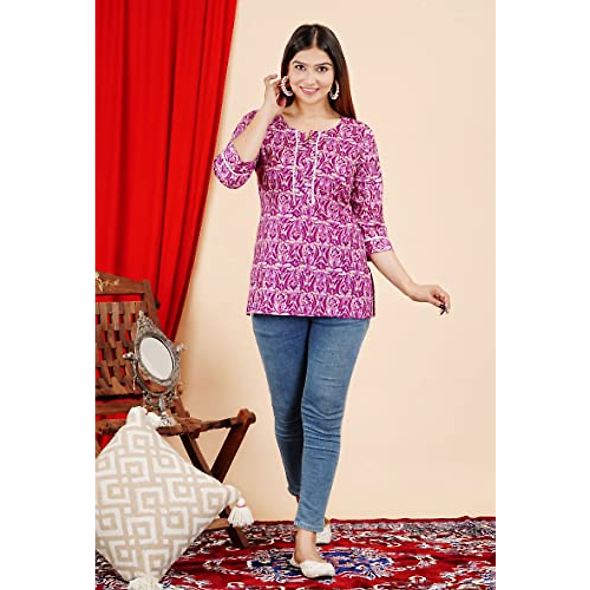 COTTON HTHRANG Women's Tunics Tops, Printed Short Kurtis for Jeans Indian Style Cotton Casual Kurta for Women Purple