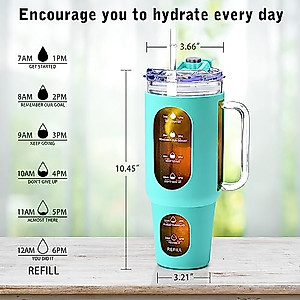 Zibtes 40 oz Glass Tumbler with Lid and Straws, Motivational Water Bottle with Time Marker and Silicone Protective Cover, Iced Coffee Cup with Handle,(Teal)