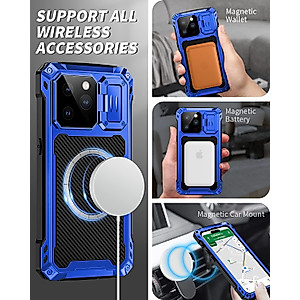 Lanhiem for iPhone 14 Pro Max Metal Case, [Built-in Camera Kickstand & Tempered Glass Screen Protector] Protective Rugged Heavy Duty Full Body Magsafe Military Cover for iPhone 14 Pro Max 6.7"(Blue)
