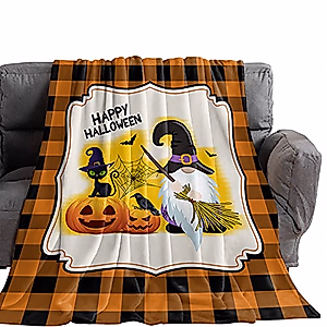 Throw Blanket- Halloween Soft Warm Plush Fleece Bed Throw,50x60In Flannel Blankets Glowing Gnome with Pumpkins Cats Bedding Throws for Women/Men Bedroom Living Room Office Decor Buffalo Gingham