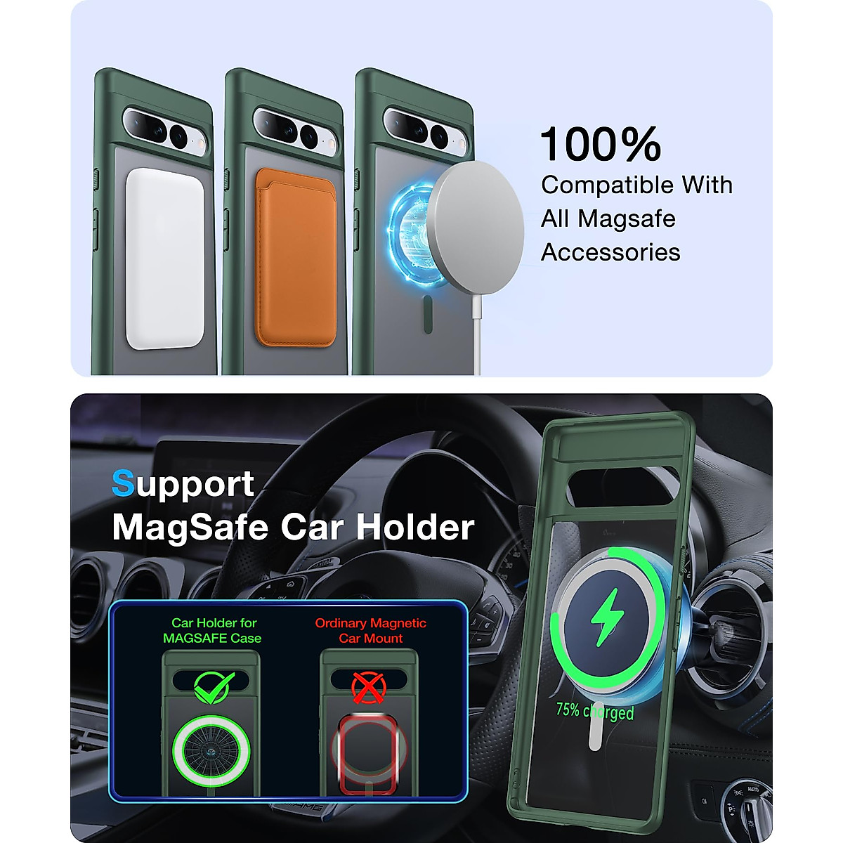 FNDMIL Magnetic for Google Pixel 7 Pro Case [Compatible with MagSafe][Anti-Fingerprint][Slim Fit][Military Shockproof] Translucent Matte Hard Back Pixel 7 Pro 5G Phone Cover 6.7”, Green