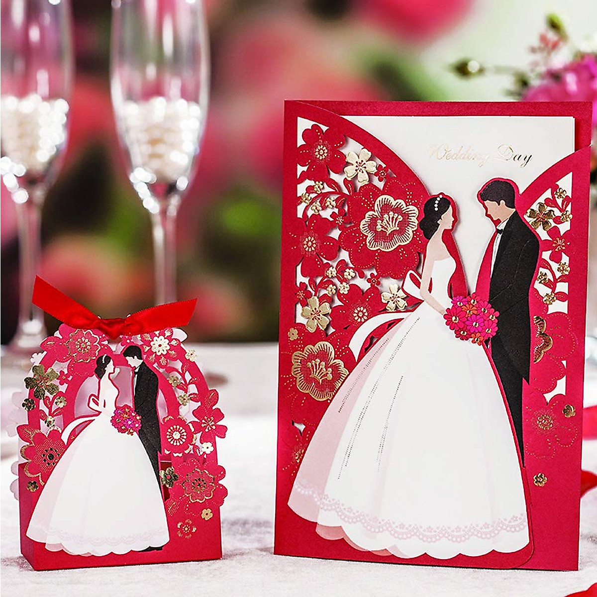Hosmsua 5x7.3 Inch 50PCS Blank Red Laser Cut Wedding Invitations Cards with Bride & Groom Gold Flower Pocket for Engagement Wedding Invite