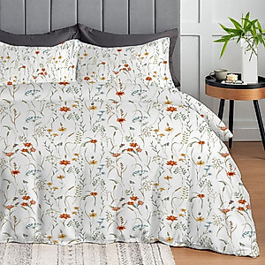 MULLEPP White Floral Duvet Cover Queen Size 3 Piece Farmhouse Yellow Botanical Flowers Leaf Pattern Microfiber Bedding Comforter Cover Set, Soft and Lightweight Quilt Cover for All Season