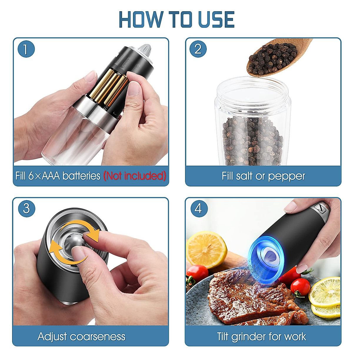 Ebaco Gravity Electric Salt and Pepper Grinder-Automatic Pepper Mill Battery Operated Grinder with LED Light, Refillable and Adjustable Coarseness(1PCS)