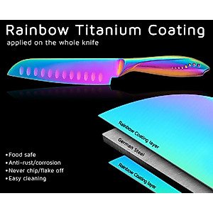 WELLSTAR Santoku Knife 5 Inch, Super Sharp German Steel Kitchen Cooking Knife with Comfortable Handle and Rainbow Coating for Slicing Dicing and Mincing of Meat Vegetables and Fruits for Small Hand