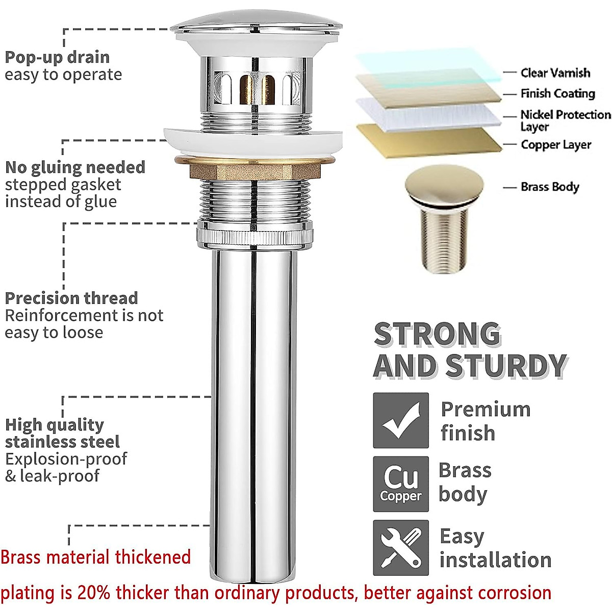 Solid Brass Lavatory Vessel Pop Up Drain Assembly Sink Pop-Up Drain Stopper Assembly with Overflow for Bathroom Faucet Vanity Sink, All Brass Construction(Chrome Plated)