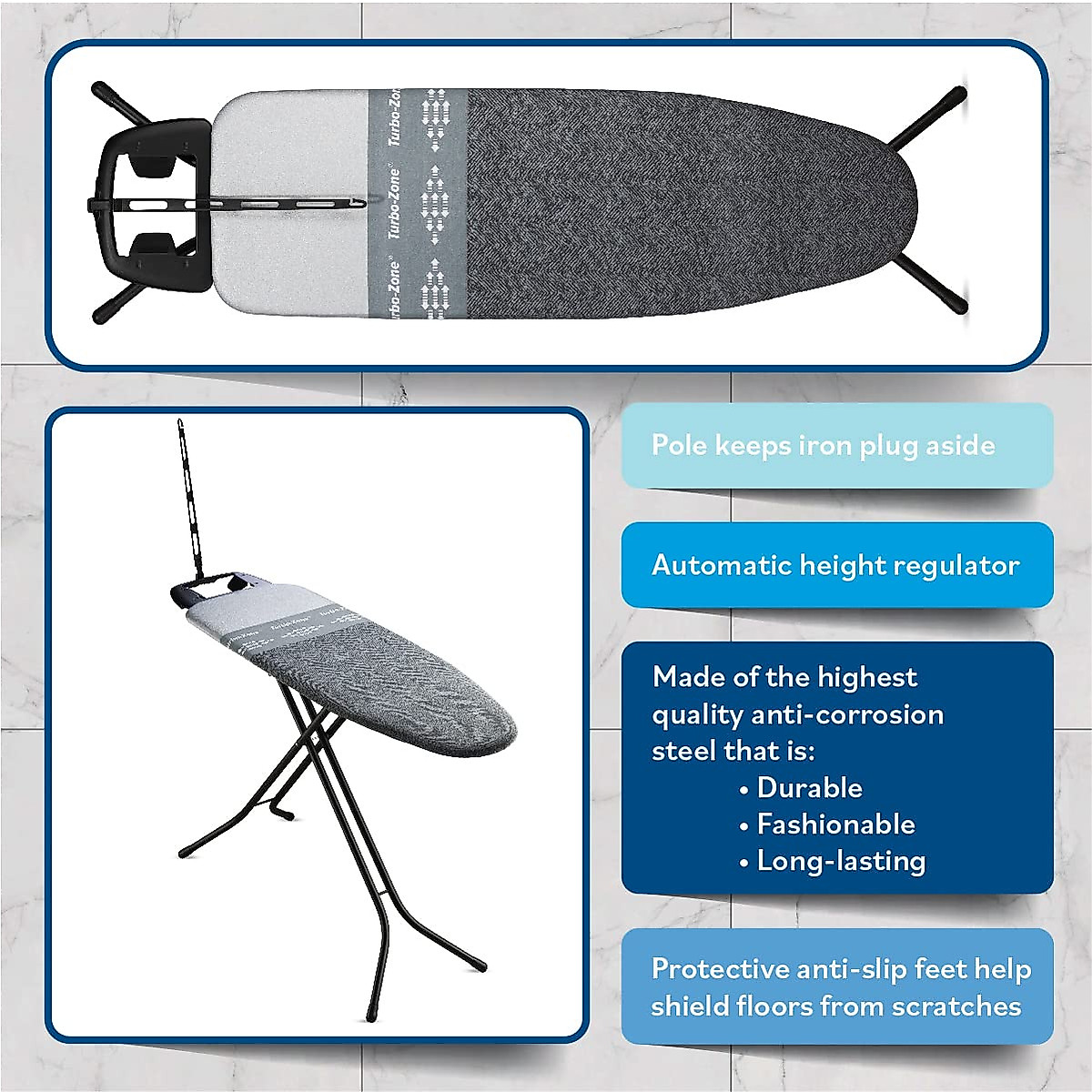 Bartnelli Heavy Duty 48x15 Ironing Board with 4-Layer Cover & Pad, Height-Adjustable, Turbo & Park Zone - Designed in Europe