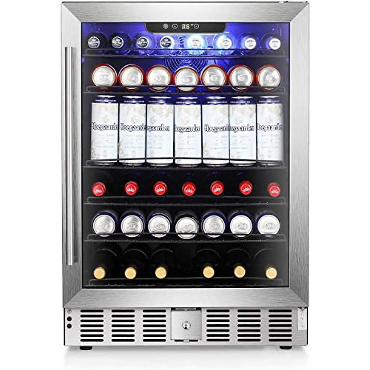 Antarctic Star 5.1 Cu.Ft Beverage Refrigerator- Wine Cooler Low Noise Transparent Glass Door LED Light Stainless Steel Efficient Cooling System with a Lock 115V 60Hz for Home and Bar 24inch, Silver