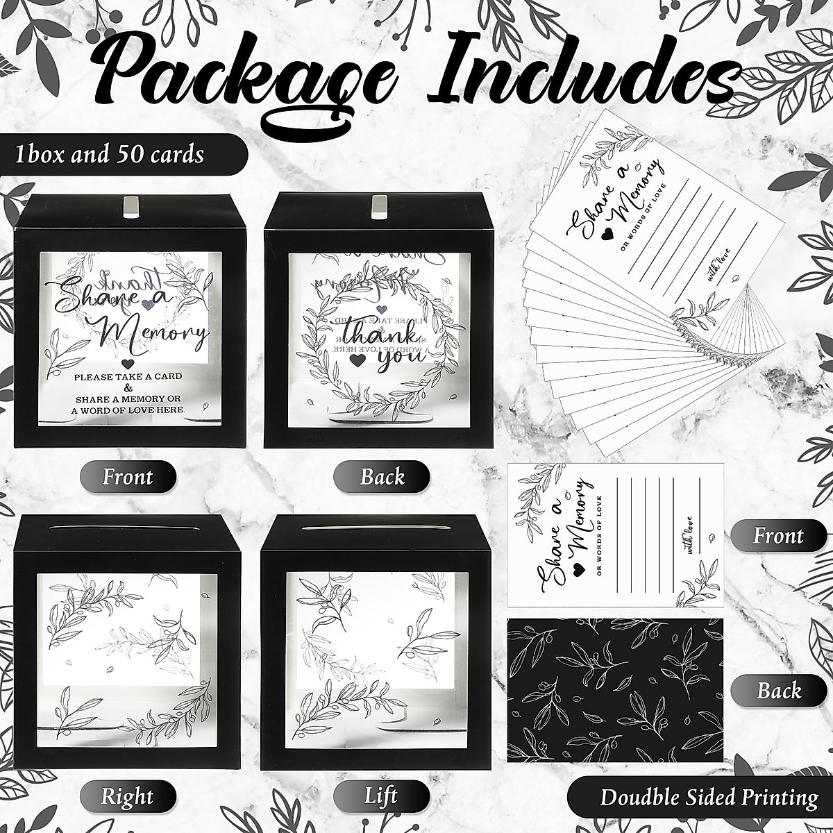 Pajean 50 Pcs Greenery Share a Memory Cards for Collections of Life, Memory Cards Box Guest Card Ideas for Funeral Graduation Wedding Bridal Shower Birthday Anniversary Retirement (Black)
