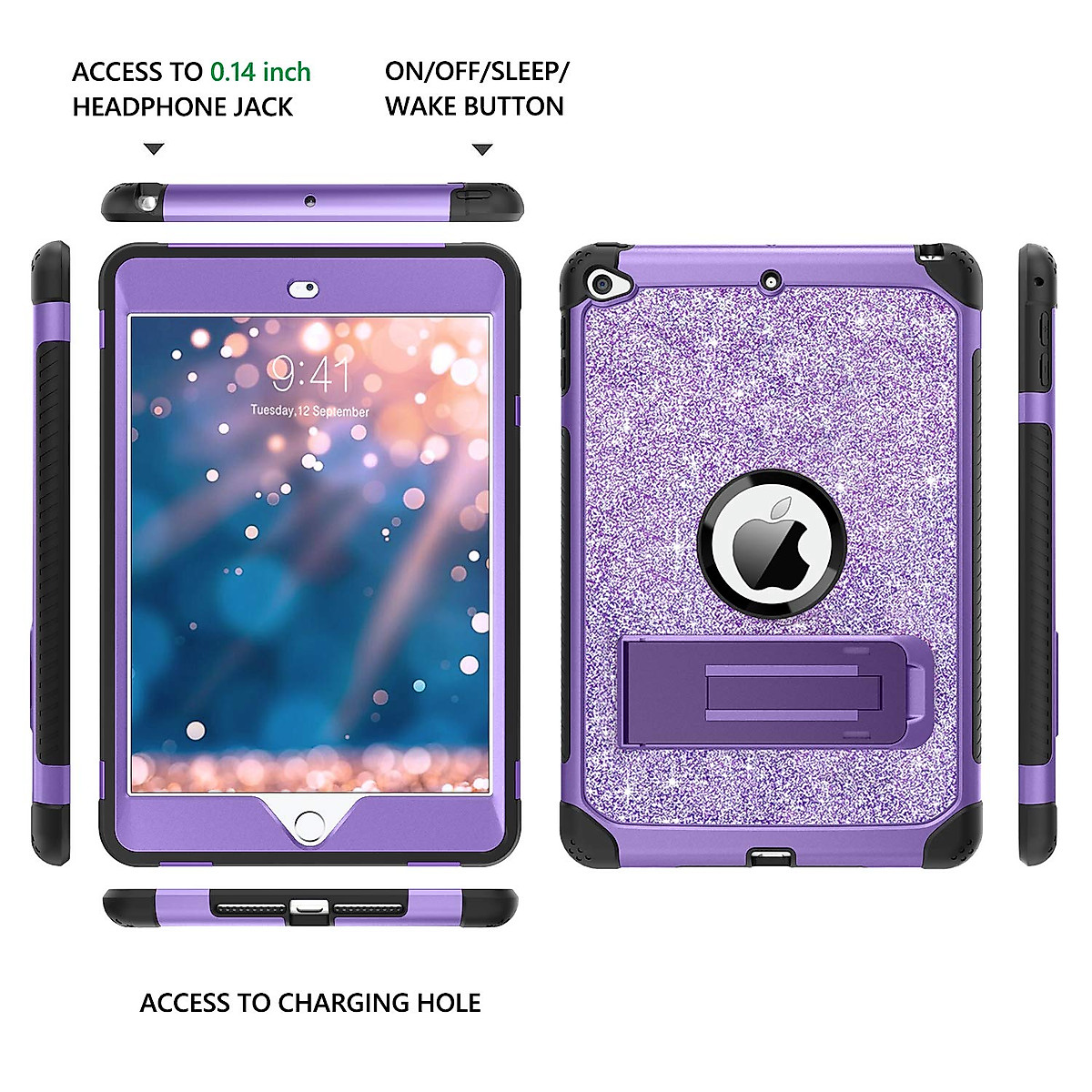 BENTOBEN iPad Mini 5 Case, iPad Mini 4 Case, Glitter Sparkly 3 Layers Heavy Duty Rugged Shockproof Kickstand Sturdy Leather Protective Tablet Cover for Apple iPad Mini 5 / iPad Mini 4, Purple