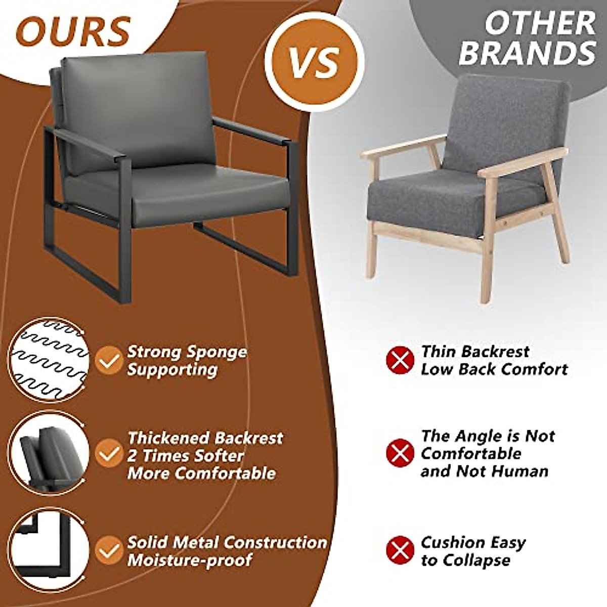 AWQM Modern PU Leather Accent Chair Arm Chair with Extra-Thick Padded Backrest and Seat Cushion Sofa Chairs for Living Room Bedroom, 105 Degree Slant Back, Non-Slip Adsorption Feet, Grey