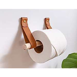 Bathroom Fixture Kit includes leather & wood Toilet Paper Roll Holder, Bath Towel Rail, leather & brass hanging Hand Towel Ring hook with gold hardware, straps are wall mounted, accessories rack