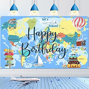 Travel Theme Birthday Party Banner Decorations Adventure Awaits Birthday Banner Let The Adventure Begin World Map Photobooth for Birthday Graduation Baby Shower Party Supplies 71 x 44 Inch