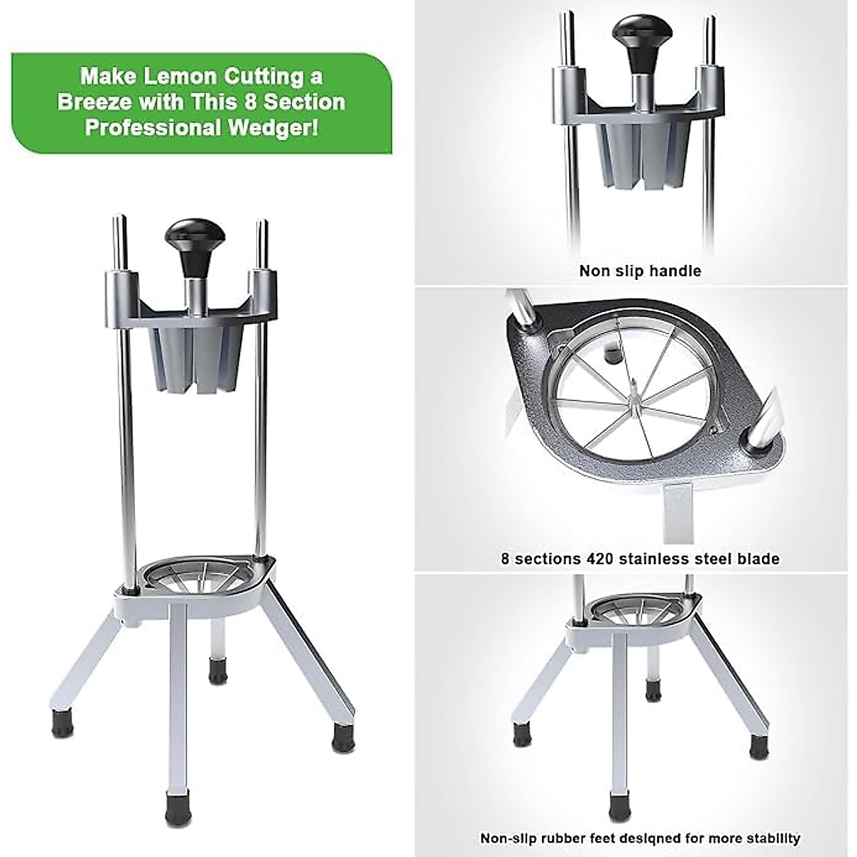 Commercial Lemon Cutter 8-Section with V-Shaped 420 Stainless Steel Blades，Easy Wedger Stainless Steel Blade Fruit Lime Slicer NSF Certified Easy-to-Use for Bar Restaurant (8-Section)