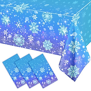 3 pcs Christmas Winter Snowflake Plastic Frozen Tablecloth Decorations, Blue Gradient Snowflake Winter Wonderland Disposable Table Cover for Holiday Frozen Birthday Party Decorations,54 x 108 Inch