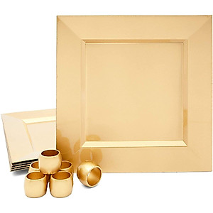 Square Metallic Gold Plastic Charger Plates and Napkin Rings Set (Serves 6)
