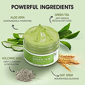 SHVYOG Green Tea Face Mask, Antioxidant Green Tea Clay Mask with Volcanic Mud, Deep Cleansing & Moisturizing & Hydrating Clay Facial Mask for Pores, Blackheads, Wrinkles, Dirts
