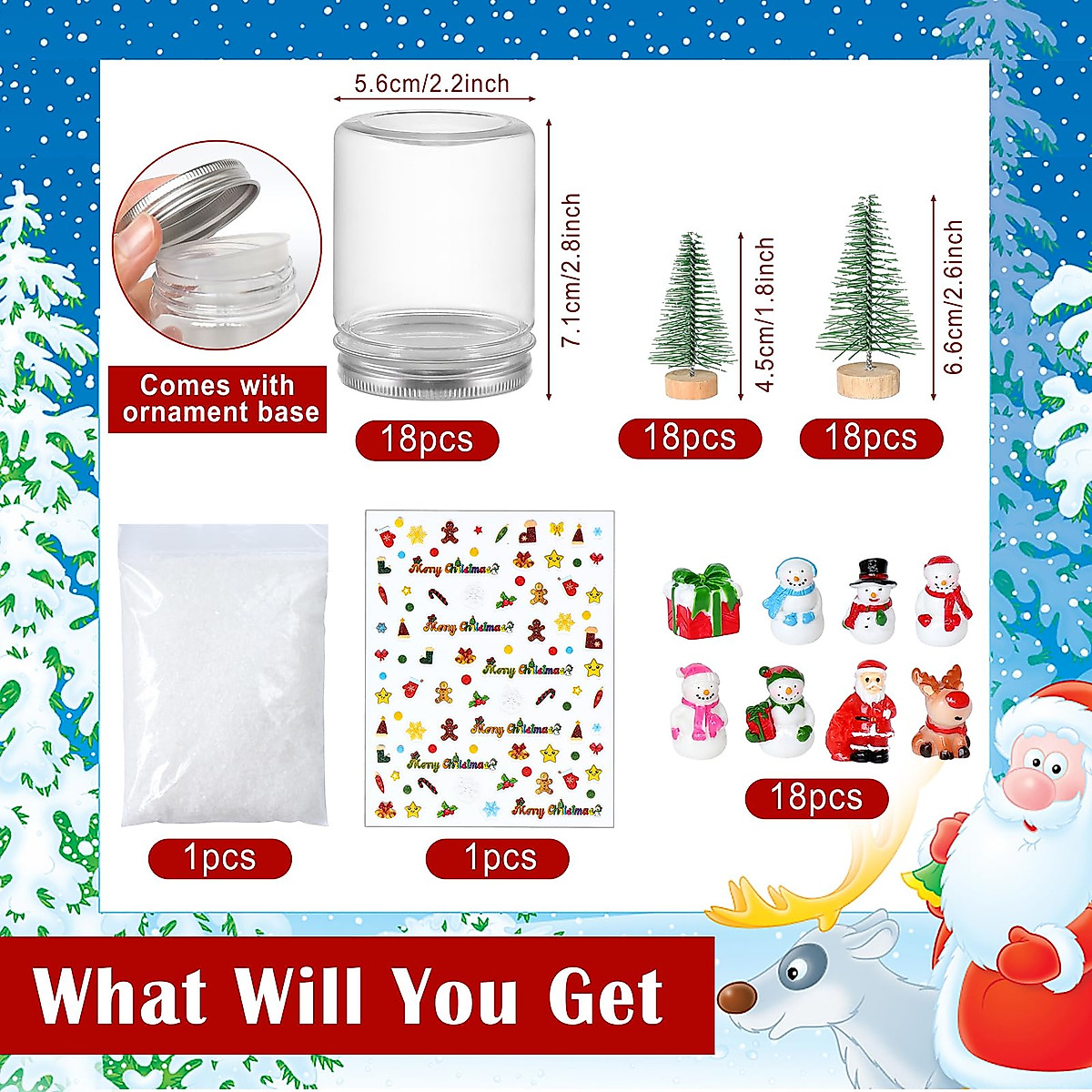 18 Pack Christmas Plastic Snow Globes Kit Includes 18 Clear Snow Globe, 36 Mini Xmas Trees, 18 Christmas fillable Ornaments, 1 Christmas Sticker with Artificial Snow for DIY Crafts Home Winter Decor