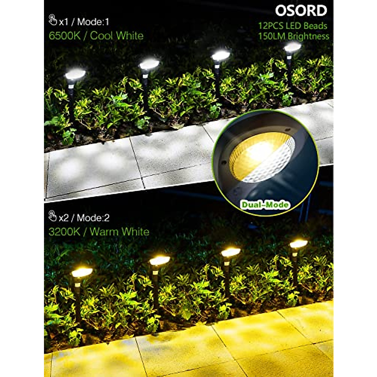 OSORD Solar Pathway Lights,【4 Pack】 Solar Outdoor Lights Pathway Bright High Lumen Waterproof with 2 Color Modes LED Path Lights Solar Powered, Garden Solar Landscape Lights for Sidewalk Walkway Yard