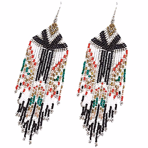 Long Beaded Tassel Earrings - American Flag Drop Earrings Bohemian Beaded, Seed Bead Tribal Dangle Earrings, Pendientes De Borla, Gift Idea for Women (Black Colorful Earrings)
