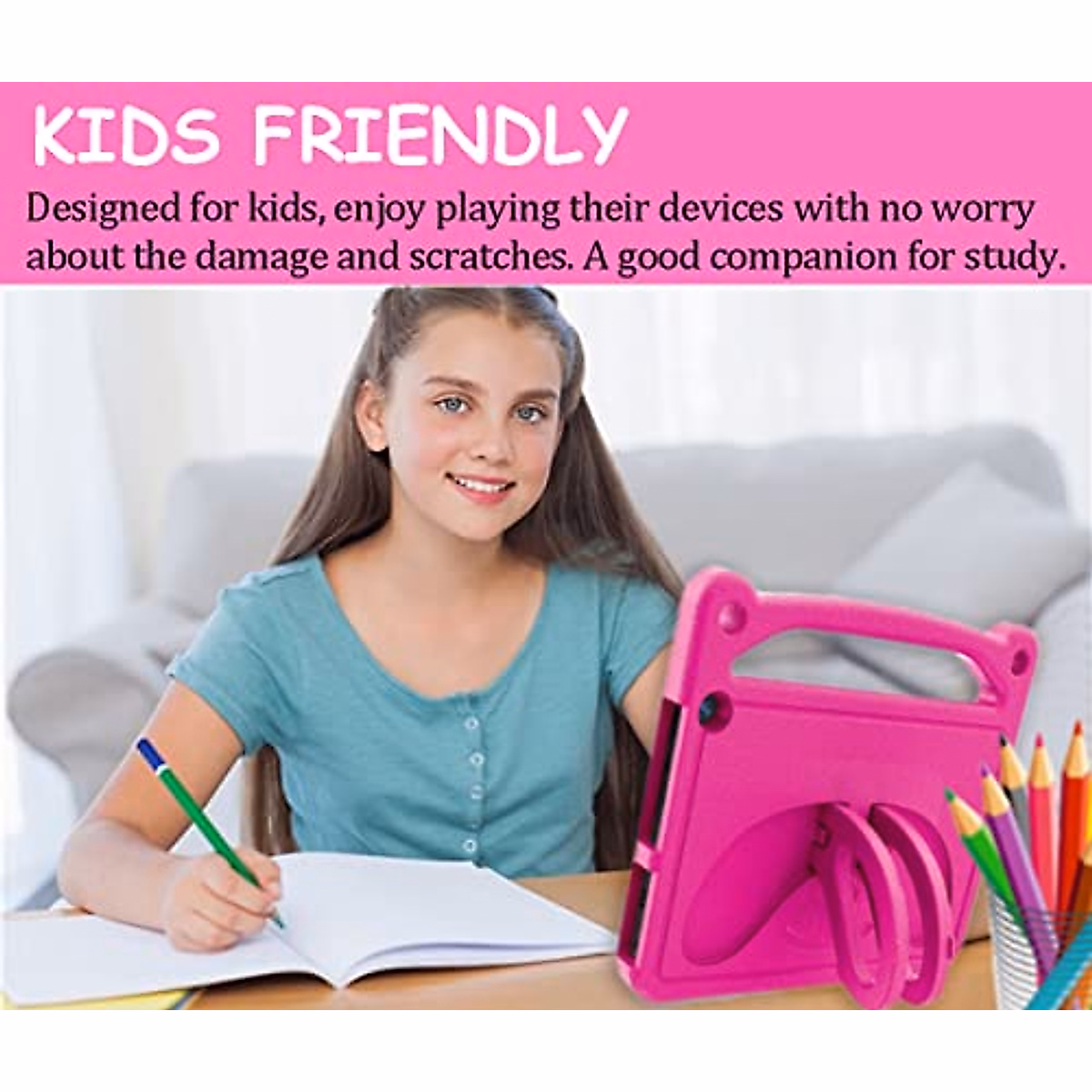 All-New Fire 7 Tablet case(2022 Release),Fire 7 Tablet case for Kids, Riaour Light Weight Shockproof Kid-Proof Protective Cover with Handle Built-in Foldable Kickstand for Amazon fire 7 Tablet,Rose