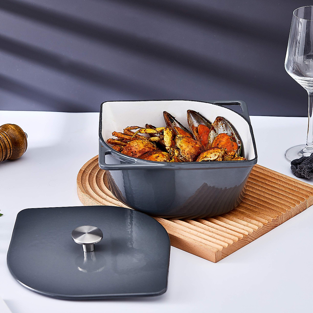 Bruntmor 3 Quart Cast Iron Enameled Dutch Oven Modern Squoval Shaped Design. Nonstick Seasoned Pot With Stainless Steel Knob for Dinner, Grey, Enamel Cast Iron.