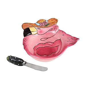 Blue Sky Ceramics Miss Precious Flamingo Dip Bowl with Spreader Set, 6", Multi