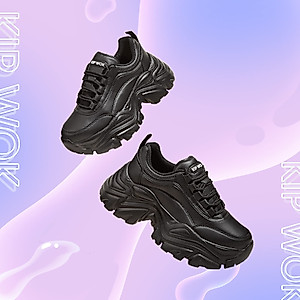 K KIP WOK Chunky Sneakers for Women Fashion Platform White Leather Casual Dad Shoes Comfortable Wedge Walking Sport Sneakers(Black,11B(M) US