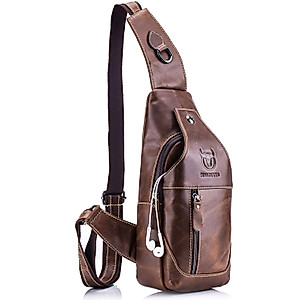 BULLCAPTAIN Genuine Leather Men Bags Shoulder Sling Crossbody Bag Casual Mens Chest Bag Travel Hiking Backpack(Brown)