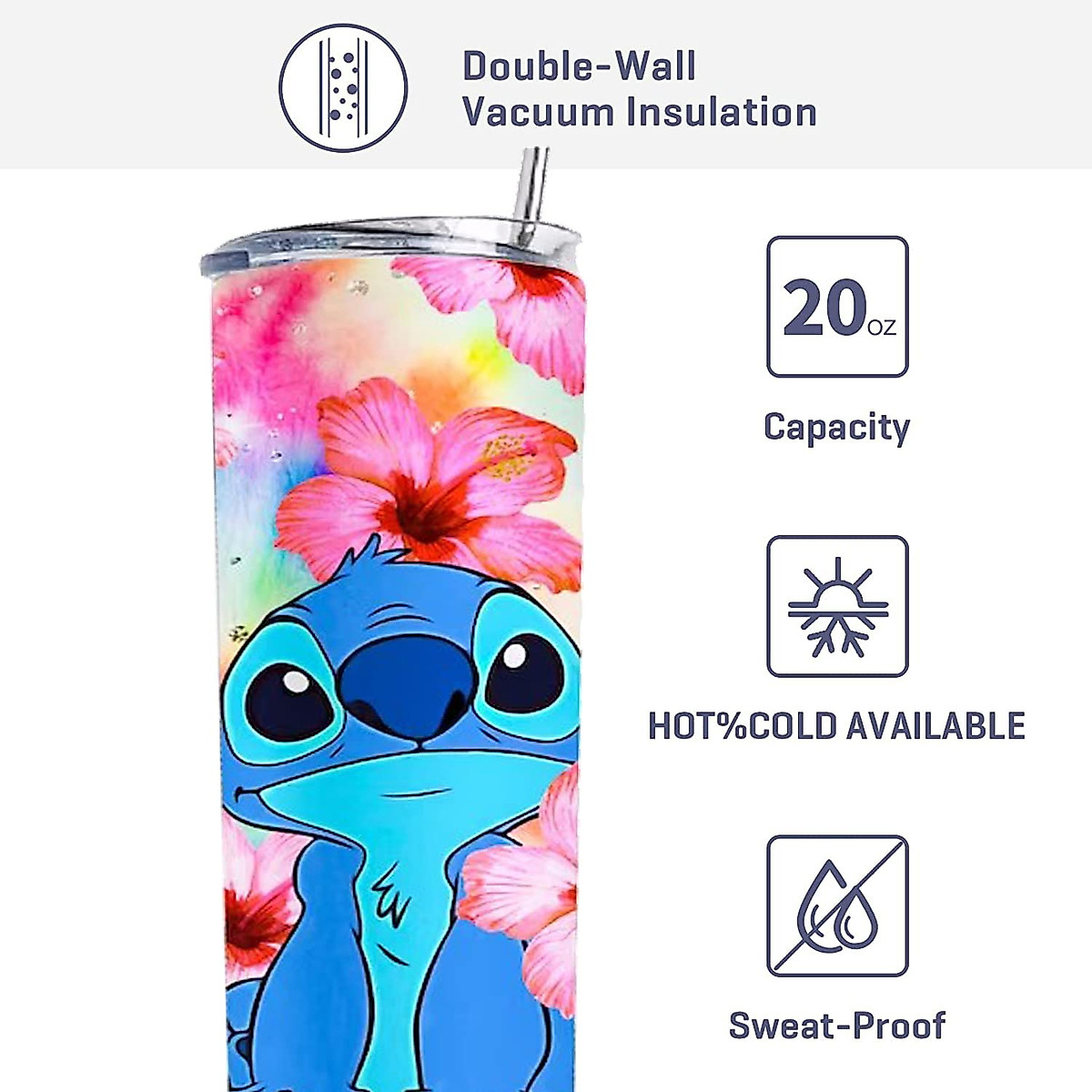 SupBo 20oz Skinny Tumbler With Lid and Straw, Gifts for Kids, Birthday Gifts, Travel Mug For Friends, Stainless Steel, Double Wall, Vacuum Sealed Travel Mug (Cute Stitch)