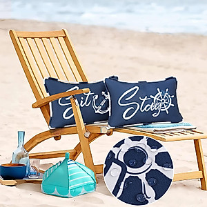 Likiyol Outdoor Pillow Covers 12x20 Inch, Outdoor Waterproof Navy Blue Lumbar Throw Pillows for Patio Porch Furniture Couch Sofa Set of 2, Sit & Stay Decorative Cushion Cover for Summer, Blue