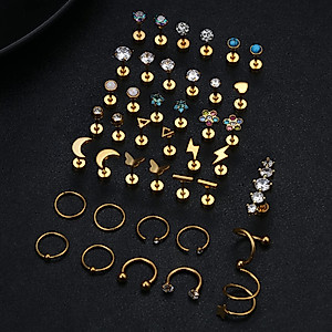 FIBO STEEL 20G Surgical Steel Stud Earrings for Women Multipack Cartilage Studs Hoops Earrings CZ Flower Butterfly Heart Flat Back Earrings Helix Conch Ear Piercings Gold-tone
