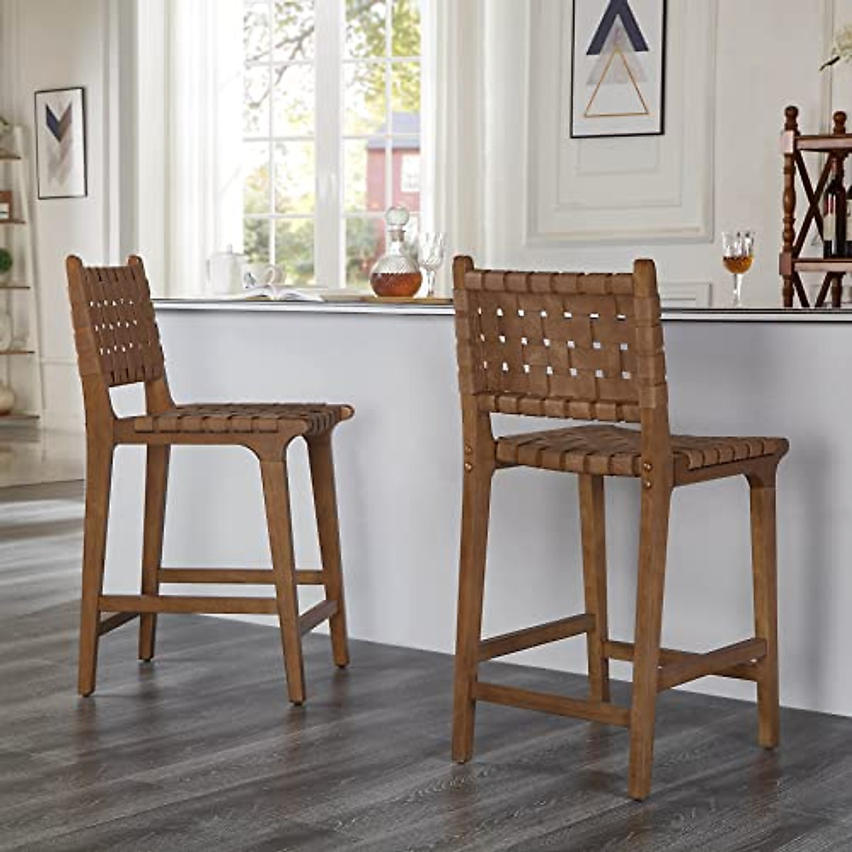 Ball & Cast HSA-1110-24B Home Kitchen Faux Leather Woven Counter-Height Barstool Set of 1, 24 inches, Brown