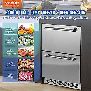 VEVOR 24 inch Undercounter Refrigerator, 2 Drawer Refrigerator with Different Temperature, 4.87 Cu.ft. Capacity, Waterproof Indoor and Outdoor Under Counter Freezer Fridge for Home and Commercial Use