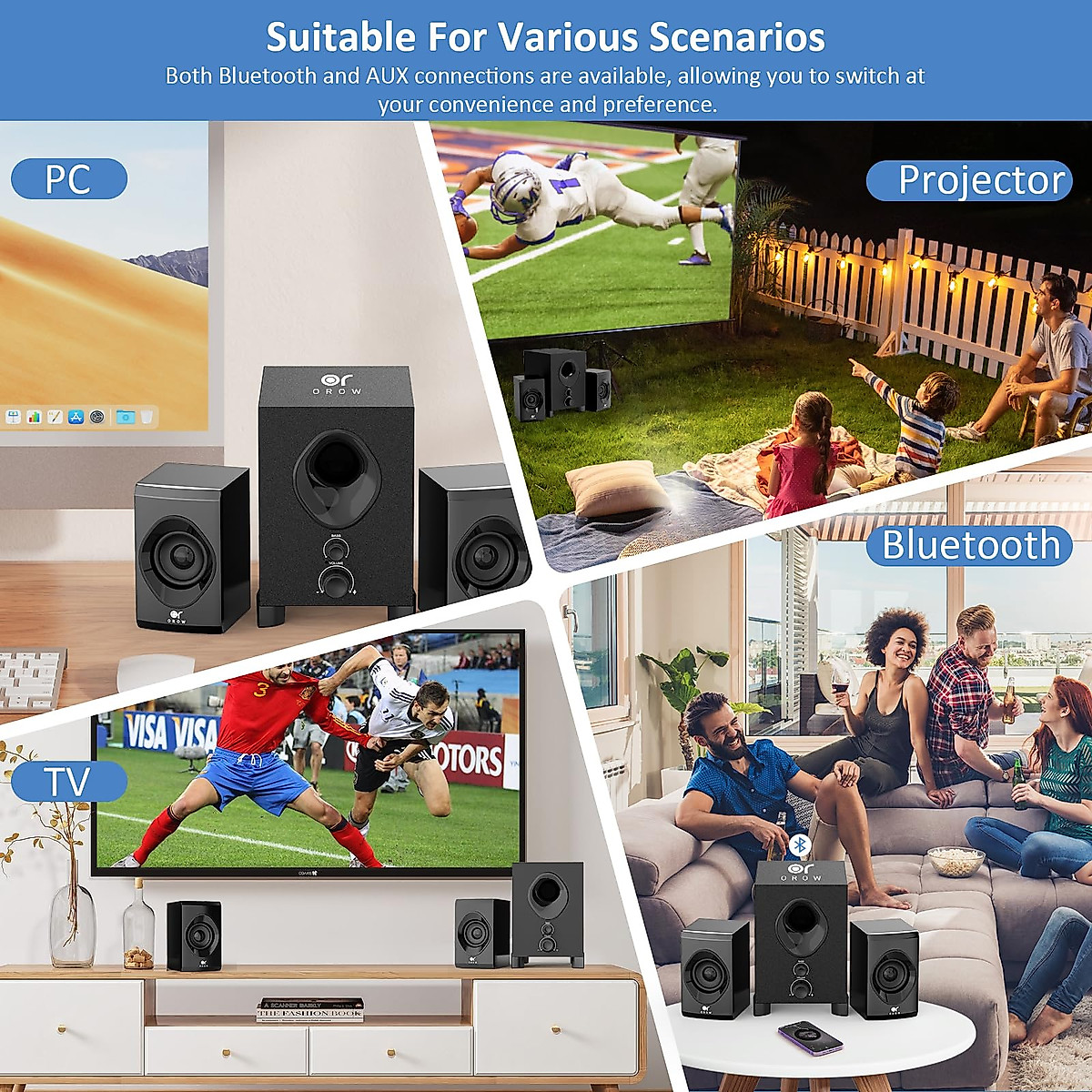 OROW(Upgrade S213) Bluetooth Computer Speakers,PC Speaker with Subwoofer,Front Knob 18W Wireless PC Speakers,Support AUX&Bluetooth Play,Great for Party/Game/TV (S213)