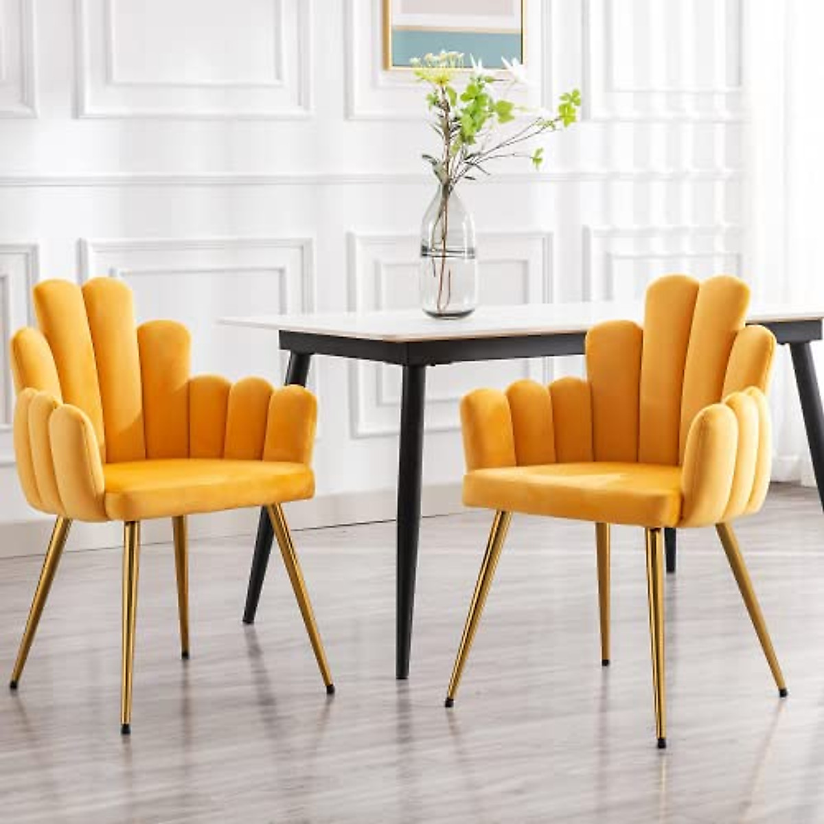HNY Velvet Accent Chair Set of 4, Finger Shape Upholstered Arm Chair, Mid Century Modern Living Room Dining Makeup Vanity Chairs, with Gold Metal Legs, Yellow