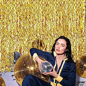 KatchOn, XtraLarge Wave Gold Backdrop Curtain - 6.4x3.2 Feet, Pack of 2 | Gold Fringe Curtain Backdrop for Gold Streamers Party Decorations | Gold Foil Curtain | Golden Birthday Decorations for Boys