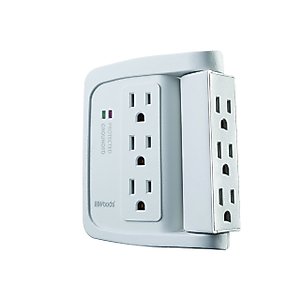 Woods 41423 Space-Saving Power Adapter Surge Protector with 6 Outlets in Which 90° for 1440J of Protection, White