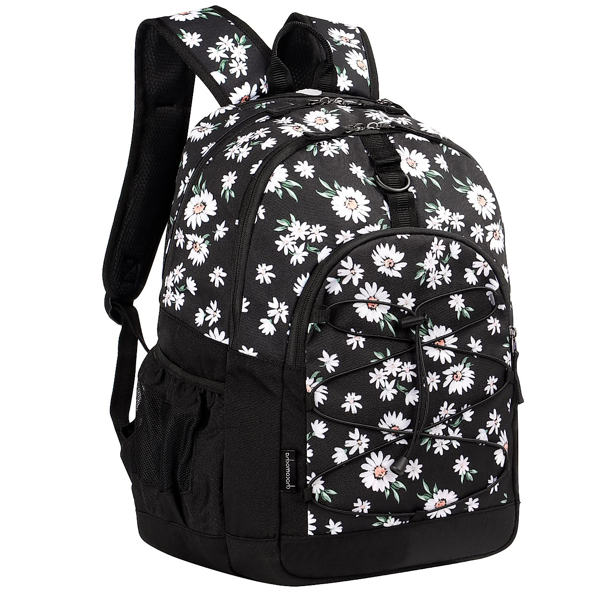 Choco Mocha Daisy Backpack for Teen Girls, Travel School Backpack for Girls Middle School Large Bookbag 18 Inch, Black