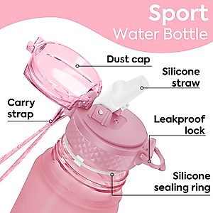 OLDLEY Kids Water Bottle with Straw 15 oz BPA-Free Leak-Proof Motivational Water Bottles with Time Marker for School Sports Travel Gym, Easy to Use for Girls Goys, 1 Straw Lid, Candy Pink/Blueberry