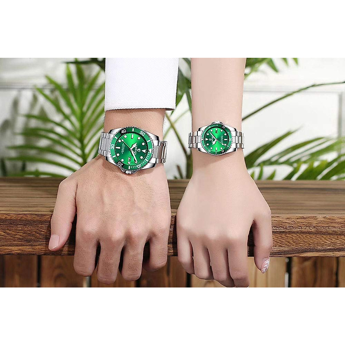 MASTOP Couple Watches Classic Golden Stainless Steel Watch His and Hers Waterproof Quartz Watch (Silver Green)