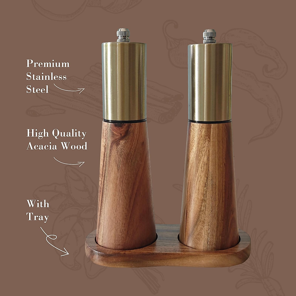 Gold Salt and Pepper Grinder Set,Salt and Pepper Grinder Set Wood,Gold Salt and Pepper Shakers, Modern Salt and Pepper Shakers, Pepper Mill with Ceramic Core,Pepper Grinder For Kitchen,Wood Tray